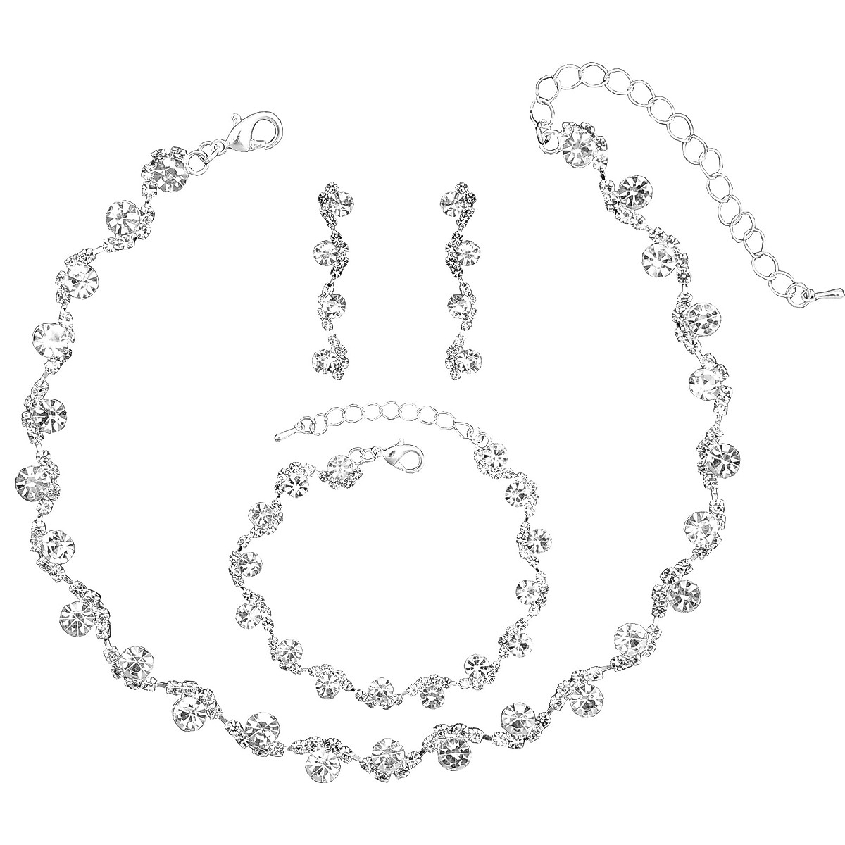 Silver Plated Elegant Necklace Earrings Bracelet Bride Bridesmaid Jewelry Sets for Wedding Prom Crystal Jewelry Set for Women Costume Accessories (06-Silver Plated)