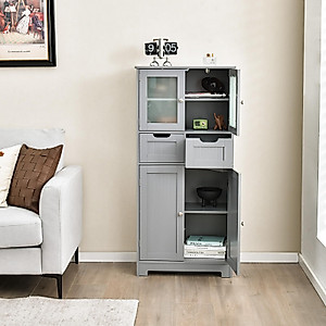 Giantex Bathroom Floor Storage Cabinet - Freestanding Cabinet with 2 Glass Doors, 2 Drawers & Adjustable Shelves, Multifunctional 50.5” Tall Storage Organizer Cupboard for Kitchen, Living Room (Gray)