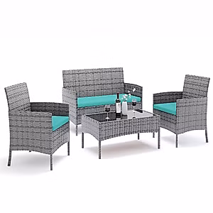 VONZOY Patio Furniture Set 4 Pieces Small, Belcony Furniture Outdoor Wicker Patio Conversation Set for Backyard,Porch, Deck,Garden,Poolside and Balcony (Turquoise)