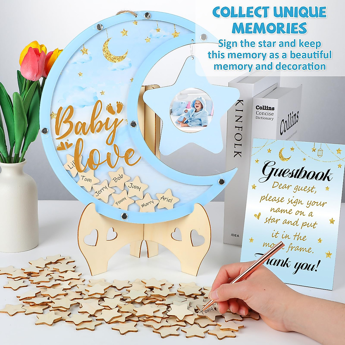 Baby Shower Guest Book Alternatives Moon Guest Book for Baby Shower Guest Book Frame with Star Baby Shower Decorations Guest Book Alternative for Wedding Boys Girls Birthday Party Keepsake(Blue)