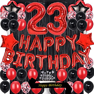 Fancypartyshop 23RD Birthday Party Decorations Supplies Red Black Later Balloons Happy Birthday Cake Topper Sash Foil Black Curtains Foil Star Balloons Number Red 23