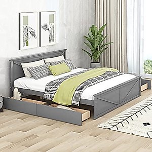 Prohon Wooden Platform Bed with 4 Storage Drawers & Headboard, King Size Bed Frame, Modern Bedframe for Kids, Teen & Adults, No Box Spring Needed, Space-Saving, Gray