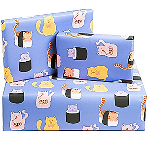 Central 23-6 Wrapping Paper Sheets - Blue Sushi Cats - Fun Gift Wrap for Kids - Boys Girls - Men Women - Birthday Wrap - Recyclable 6 Count (Pack of 1)