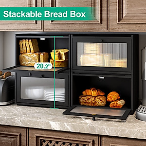 kiplant Large Bread Box for Kitchen Counter, Black Bamboo Bread Storage Container with Wavy Arcylic Transparent Door, Bamboo Wooden Farmhouse Bread Box for Your House