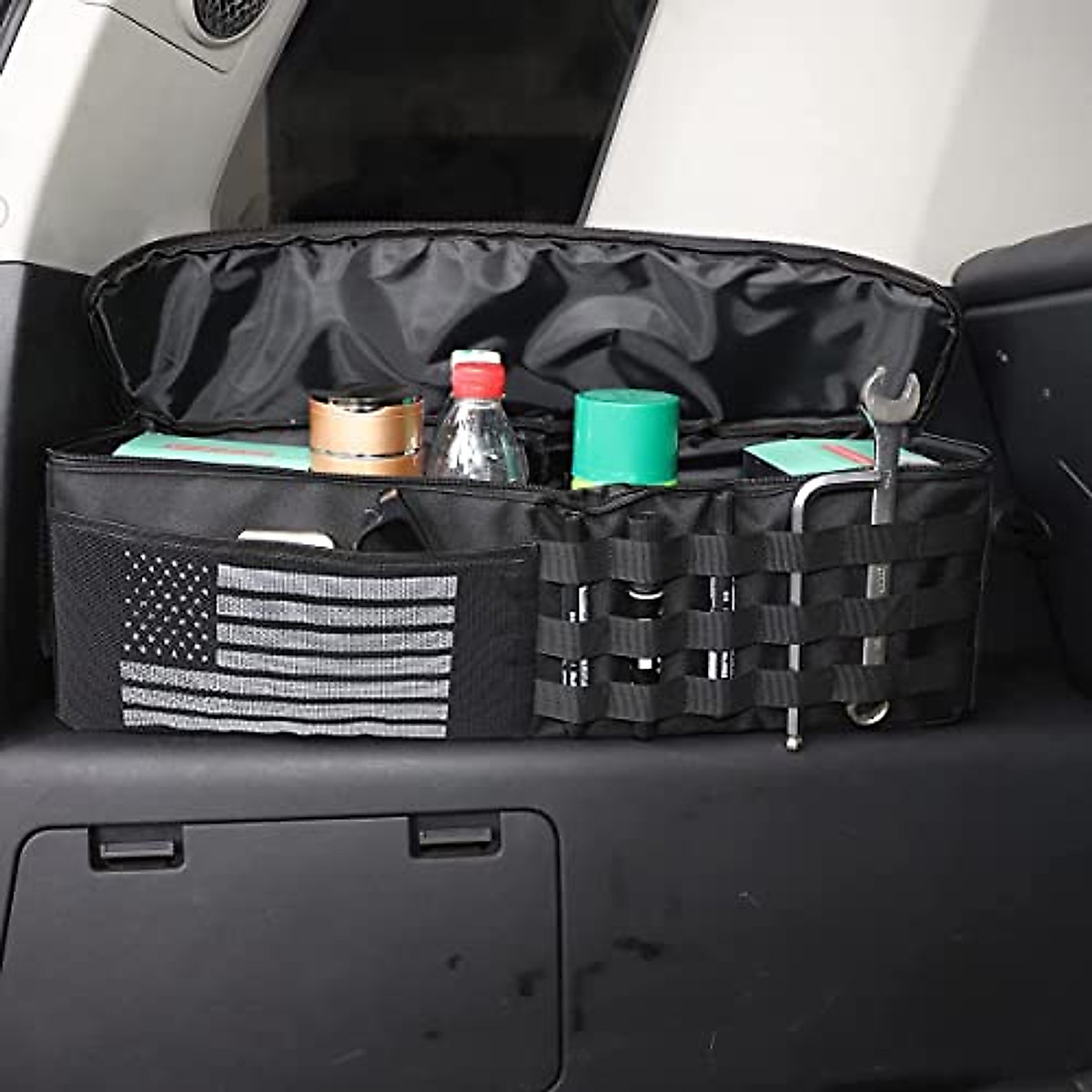 LLKUANG Trunk Organizer Tray Fit for Toyot@ FJ Cruiser 2007-2021 Oxford Cloth Multifunction Storage Box Rear Storage Organizer Multi-Compartment,1PCS (Black+American Flag, Left and Right)