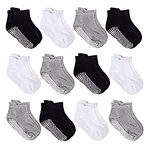 Tenpluszero 12 Pairs Anti Slip Baby Ankle Socks with Non Skid Grips for Toddler Kids Boys Girls (12Pairs - Black,White,Grey, 18-36 Mouths)