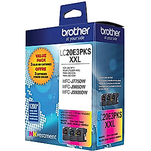 Brother Genuine High Yield Color Ink Cartridge, 3 Pack of LC20E, Replacement Color Ink Three Pack, Includes 1 Cartridge Each of Cyan, Magenta & Yellow, Page Yield Up to 1200 Pages/Cartridge, LC20E