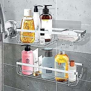 Kienapanc Shower Caddy Shelf & Bathroom Shower Organizer Rack with 12 Hook,No Drilling Wall Mount Shower Storage for Shampoo Conditioner Shower Shelf SUS304 Stainless Steel- 2 Pack (Polished Silver)