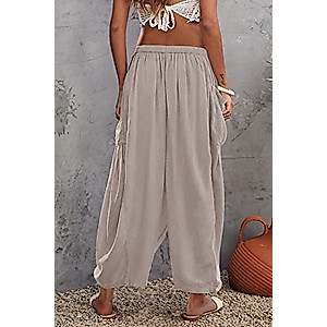 SENSERISE Womens High Waisted Linen Palazzo Pants Wide Leg Lounge Beach Harem Pants Baggy Trousers with Big Pockets(Light Grey,XL)