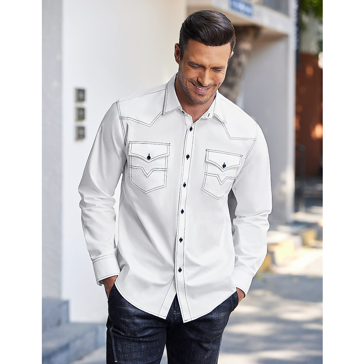COOFANDY Mens Shirt Western Dress Long Sleeve Casual Cotton Button Down Denim Work, White, Medium, Long Sleeve