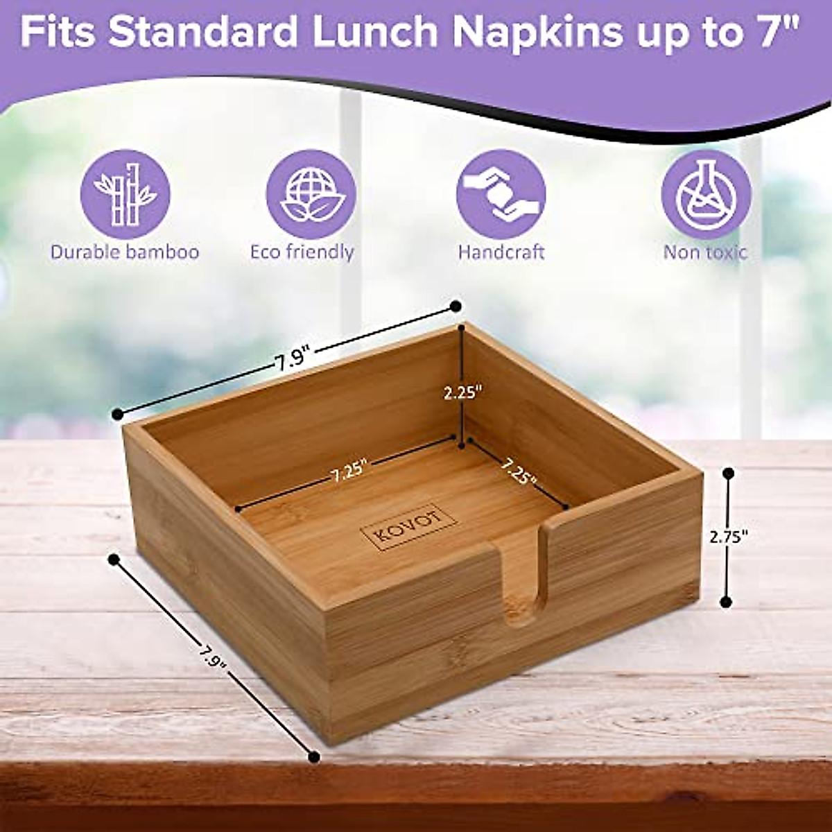 KOVOT Bamboo Napkin Holder – 7"W x 7"W Flat Square Natural Wooden Napkin Tray – Table Top Decorative Tissue Paper Dispenser for Kitchen, Luncheon & Dining Table