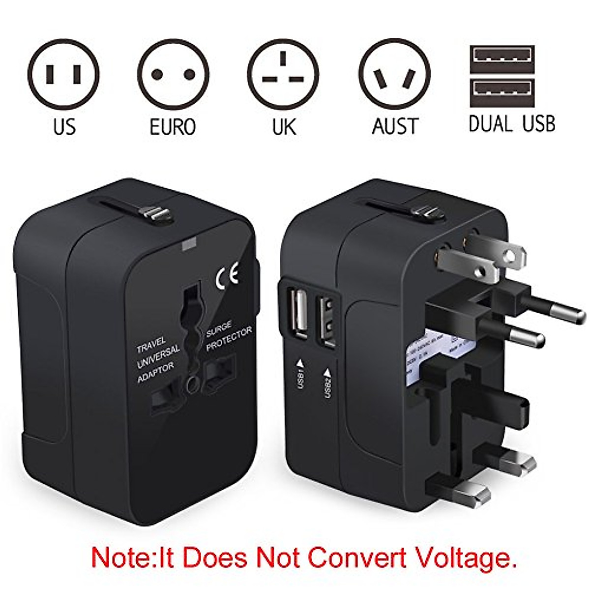 Travel Adapter, Universal All in One Worldwide Travel Adapter Power Converters Wall Charger AC Power Plug Adapter with Dual USB Charging Ports for USA EU UK AUS