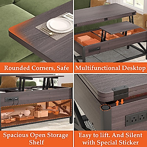 Aheaplus Coffee Table Lift Top Multi-Function Coffee Table Converts to Dining Table, with LED Light and Power Outlet, Center Table with Shelves for Living Room Reception Home Office,-S2, Espresso