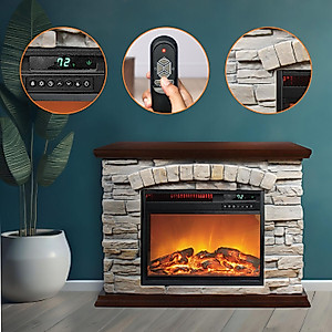 Lifesmart Large Square Infrared Faux Stone Fireplace, Fake Fireplace Heater with Mantel and Adjustable Settings for Living Room, Bedroom