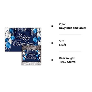 Happy Birthday Backdrop Navy Blue and Silver Happy Birthday Sign Blue Happy Birthday Banner Photo Studio Backdrop Birthday Party Supplies Photography Background for Favor Children Men Women 5x3ft
