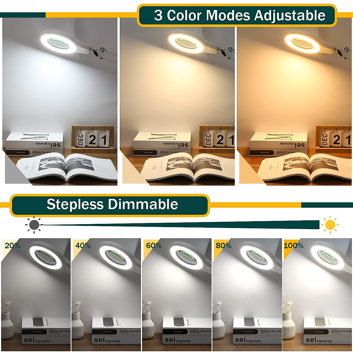 10X Magnifying Glass with Light and Stand, TOMSOO Real Glass LED Lighted Magnifier, 3 Color Modes Magnifying Lamp Stepless Dimmable, Adjustable Swing Arm Desk Lamp with Clamp for Reading Repair Crafts