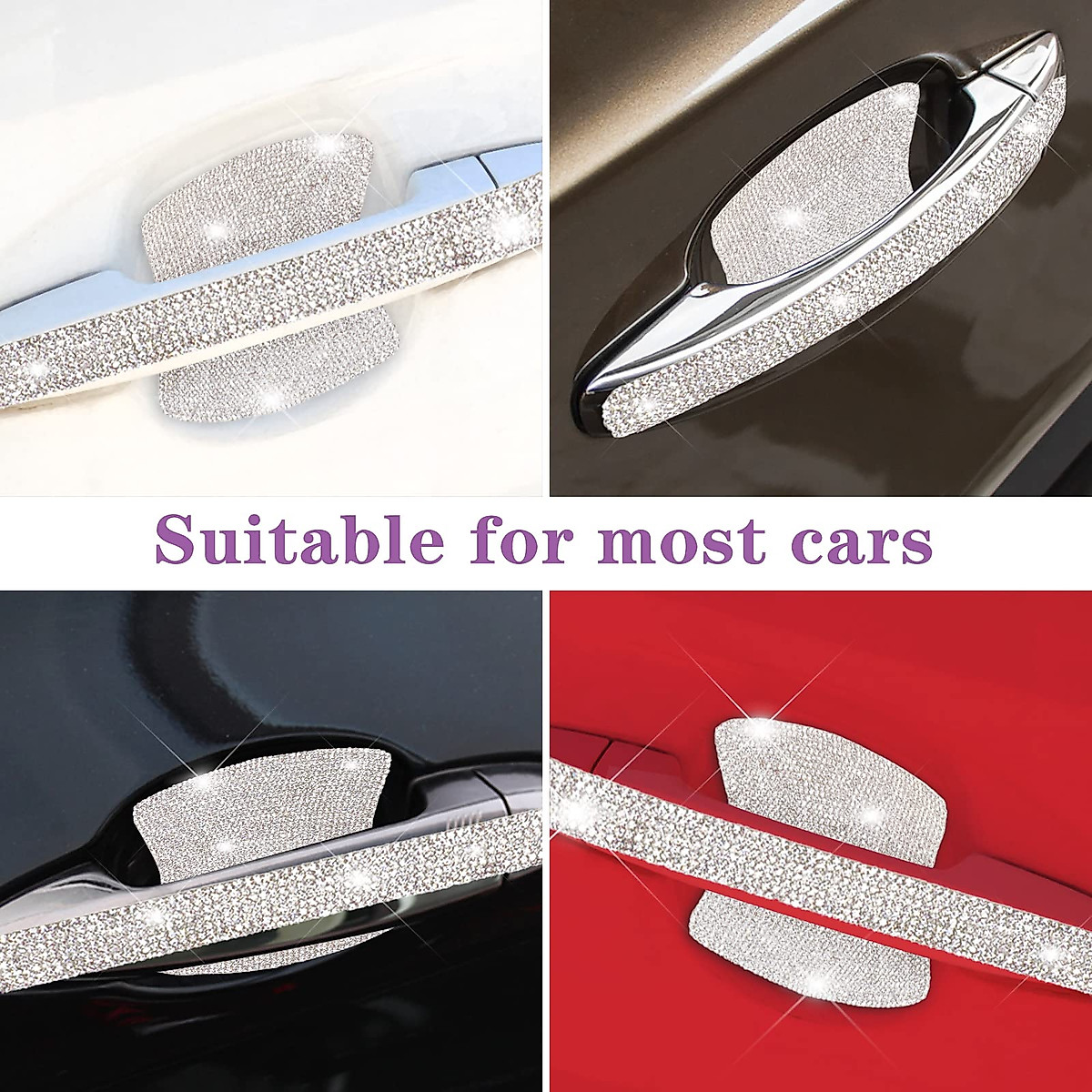 Forjume 8PCS Bling Car Door Handle Protector Rhinestone Universal Saftey Scratch Car Handle Cover Reflective Trim Stickers Bling Car Door Handle Stickers Car Door Bowl Protection Woman & Man (Silver)