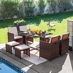 Homall 9 Pieces Dining Outdoor Furniture Patio Wicker Rattan Chairs and Tempered Glass Table Sectional Conversation Set Cushioned with Ottoman (Brown)