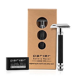 Parker Deluxe OPEN COMB Double Edge Safety Razor, Electroplated Brass Handle, 5 Blade Refills Included (26C - Graphite Gray)
