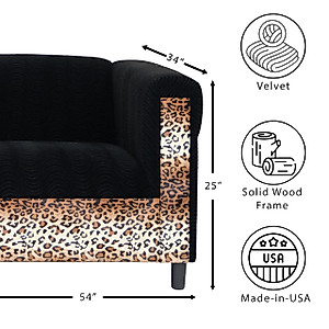 Coast to Coast Sofas Broadway Velvet Black Loveseat Sofa for Living Room with Leopard Print, Modern Décor Love Seat Mini Small Couches for Small Spaces and Bedroom with Solid Wood Frame