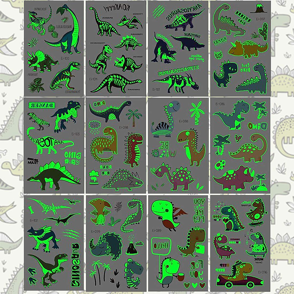 Ooopsiun Luminous Dinosaur Temporary Tattoos for Kids - 90 Styles Glow in The Dark, Dinosaur Birthday Party Decorations Supplies Favors for Boys Kids