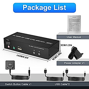 KVM Switch Dual Monitor Display Port and HDMI 4K@60Hz Extended Display KVM Switch 2 Monitors 2 Computers with Audio Microphone Output and 3 USB Ports, PC Monitor Keyboard Mouse Switcher