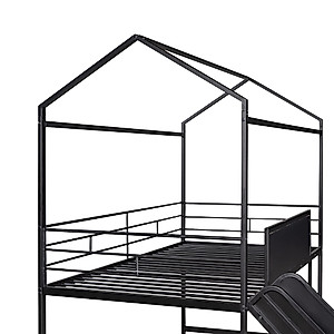 Twin House Loft Beds with Slide and Chalkboard, Low Loft Bed Twin Size, Metal House Bed with Guardrail and Ladder, Metal Twin Size Loft Bed for Kids Teens Girls Boys (Twin, Black)
