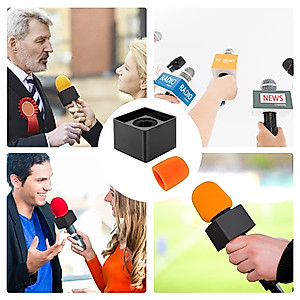 RETON 2 Pack Microphone Flag Station Square Cube Shaped Interview Mic Logo, Black ABS Mic Flag Microphone Accessories for Reporter KTV Host, with 10 Pcs Microphone Foam Cover