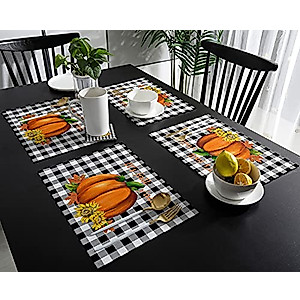 Thanksgiving Pumpkin Placemats for Kitchen Dining Table Decor Autumn Leaf Sunflower It's Fall Y'all Placemats Black White Buffalo Plaid Table Mats for Thanksgiving Party Holiday Fall Decor- Set of 4