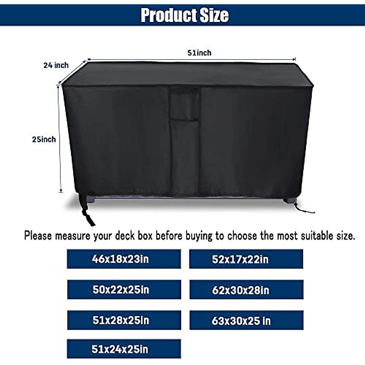 Kingling Deck Box Cover, Outdoor Storage Box Cover for YITAHOME 100 Gallon/Keter 80 Gallon Deck Box, Waterproof Outside Storage Bench Deck Boxes Covers Black (50" L x 22" W x 25" H)