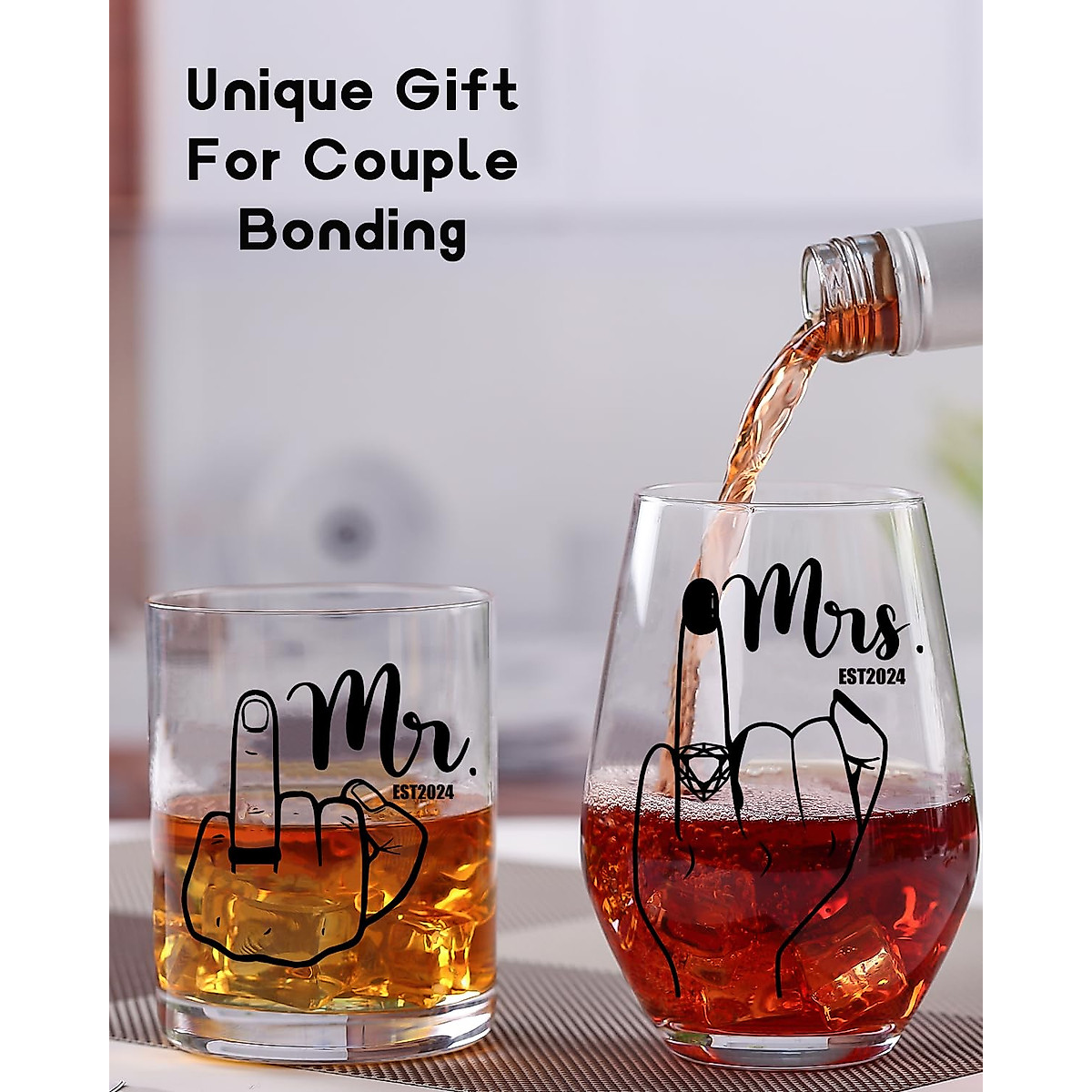 comfit Engagement Gifts for Couple - Funny Bridal Showeer Gifts,Wedding Gifts for New Couple,Finger Wine&Whiskey Glass,Glass Wine Gifts for Mr Mrs,Newlywed,His and Hers18.5,13.8OZ