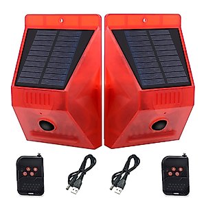 Solar Sound & Light Alarm Motion Sensor: Comboss Solar Strobe Light with Remote Controller, 129 Decibels Siren Sound Alert & 8LEDs Flash Warning Strobe Security Alarm System for Farm Villa - 2 Pack