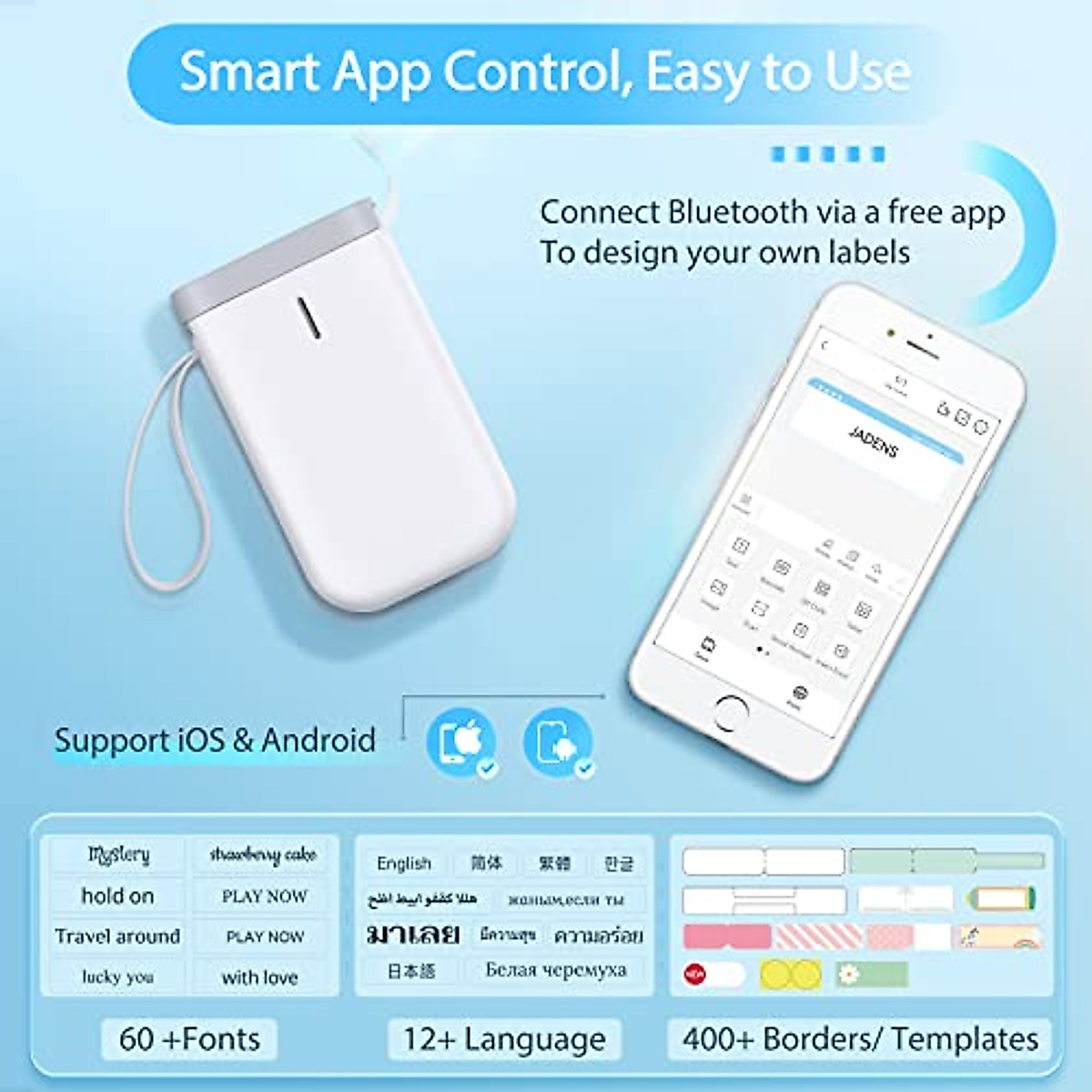JADENS Label Maker Machine, D11 Portable Bluetooth Printer for Labeling, Home, Office, Organization, Mini Label Maker Machine with Tape, Multiple Templates Available for Phone, Handheld Labeler, White