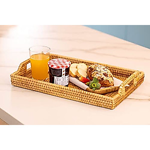 Hand-Woven Rattan Serving Tray with Handles for Breakfast, Drinks, Snack for Dining /Coffee Table (14.5 inch (37 cm), Rectangular)
