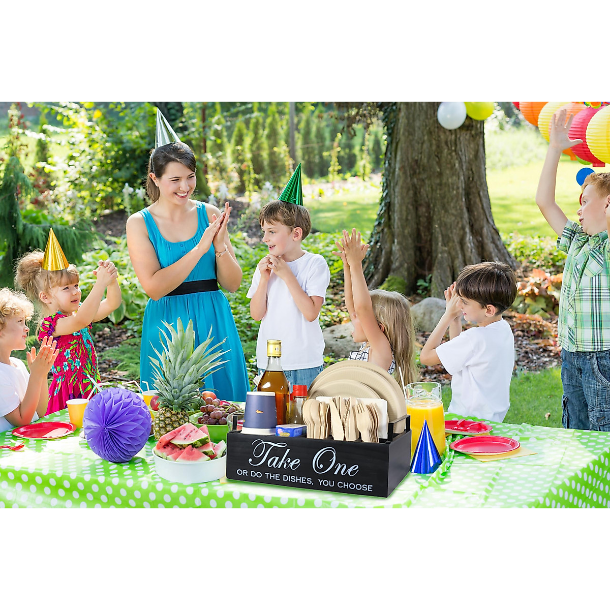 Rehuei Paper Plate Holder Utensil Caddy Organizer - Rustic Wood Disposable Plate Dispenser with Handles for Cups, Forks, Spoons, Napkins and Silverware Holders (handle paper plate holder)