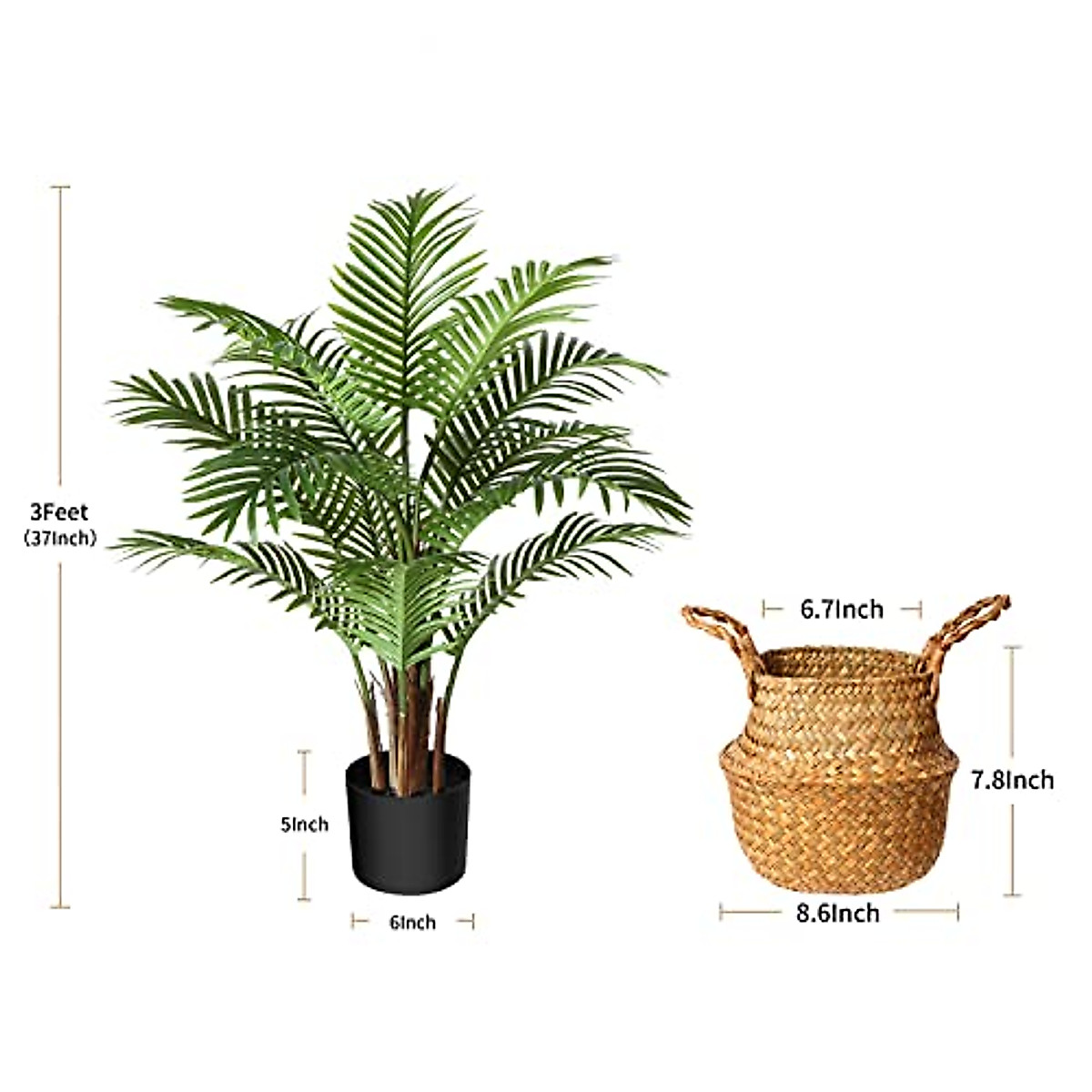 MOSADE Artificial Palm Tree 37”Fake Potted Areca Palm Plant with Handmade Seagrass Basket, Perfect Faux Tree Home Décor for Indoor Outdoor Office Porch Balcony Bedroom Bathroom Gift
