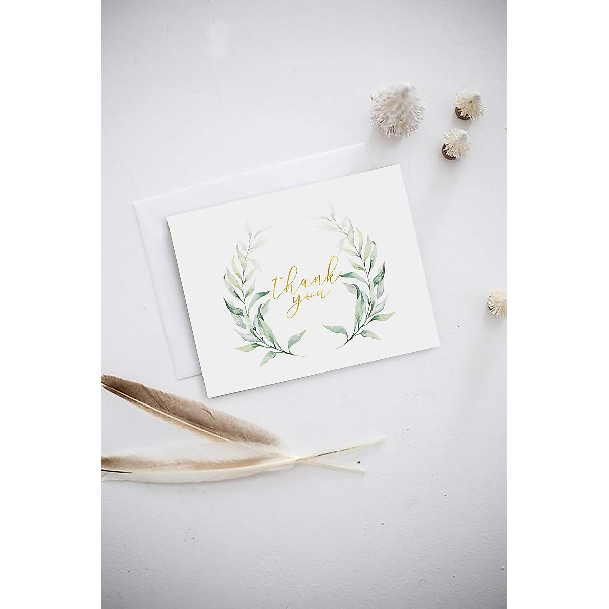 AMNADOF 100 Eucalyptus Gold Foil Thank You Cards Bulk -- Blank Note Cards with Greenery Envelopes – Include Stickers, Perfect for Wedding,Baby Shower, Bridal Shower and All Occasions