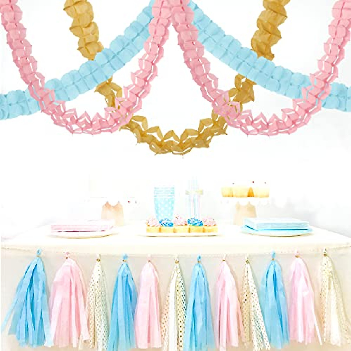 Blue-Pink Gold Party-Decorations Streamers Garland - 12pcs Gender Reveal Ideas 4-Leaf Clover Paper Streamer Wedding Birthday Bachelorette Engagement Baby Shower Supplies Banners Ouruola