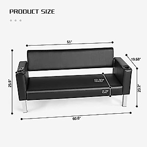 Artist hand Reception Chairs Waiting Room Bench Guest Chairs Draped in PVC Leather, 60.6'' Conference Room Chairs with 2 Cup Holder Office Couch Stainless Steel Base Beauty Equipment
