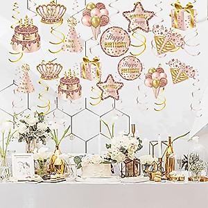 Pink Rose Gold Birthday Hanging Swirls Decorations for Women Girls, 30pcs Happy Birthday Swirls Party Supplies, 10th 16th 21st 30th 40th 50th 60th Bday Ceiling Sign Decor