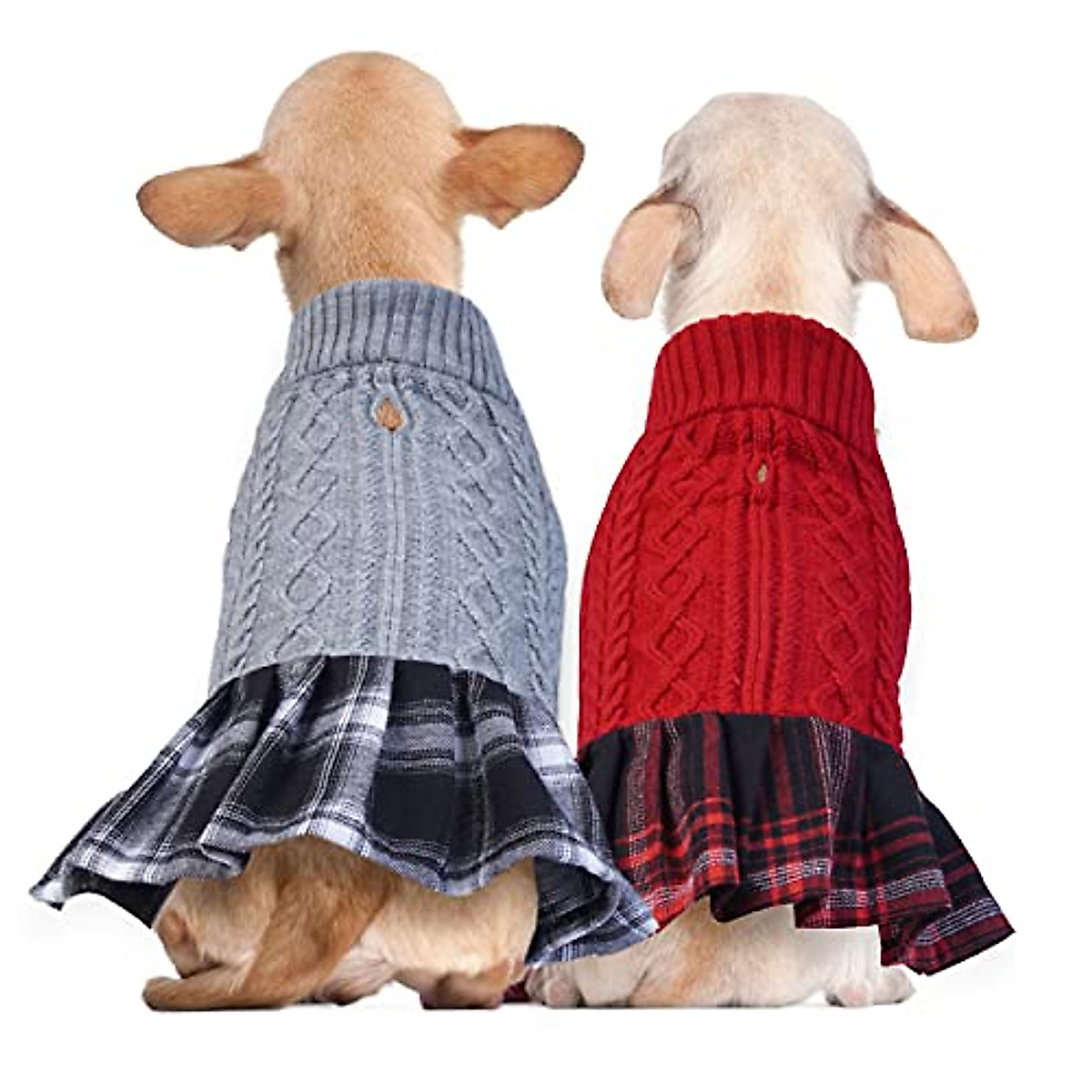 Dog Sweaters Plaid Dress, Puppy Warm Knitwear Dress for Dogs Cats, Cold Weather Doggie Kitten Apparel, Turtleneck Pet Dresses Outfits with Leash Hole for Yorkie Shih Tzu Teddy Bichon Frise Chihuahua