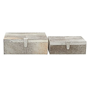 Deco 79 Leather Handmade Box with Hinged Lid, Set of 2 17", 14"W, Gray