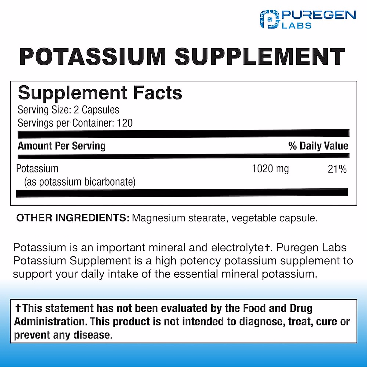 Puregen Labs Potassium Bicarbonate Supplement 1020 mg | Non-GMO | Gluten Free | Made in USA | 240 Vegetarian Capsules