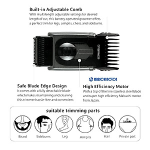 URBANER Battery Powered Body Trimmer for Men, Professional Portable Facial Hair Clipper, Electric Hairstyle Razor, Safe Blade, Cordless, Compact Grooming tool, MB-045