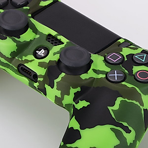 YoRHa Water Transfer Printing Camouflage Silicone Cover Skin Case for Sony PS4/slim/Pro Dualshock 4 Controller x 1(Green) with Pro Thumb Grips x 8