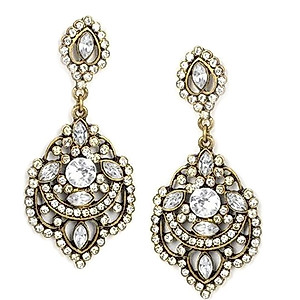 Large Antique Gold Tone Art Deco Retro Gatsby Vintage Chandelier Style Bridal Wedding Rhinestone Earrings