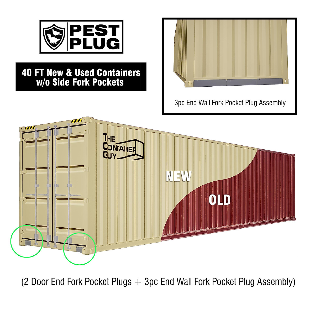 Container Modification World® - Pest Plug Fork Pocket Covers For Shipping Containers/Sea Cans - Keep Out Animals and Birds (40FT New/Used No Side + 2 Door End + 3pc End Wall)