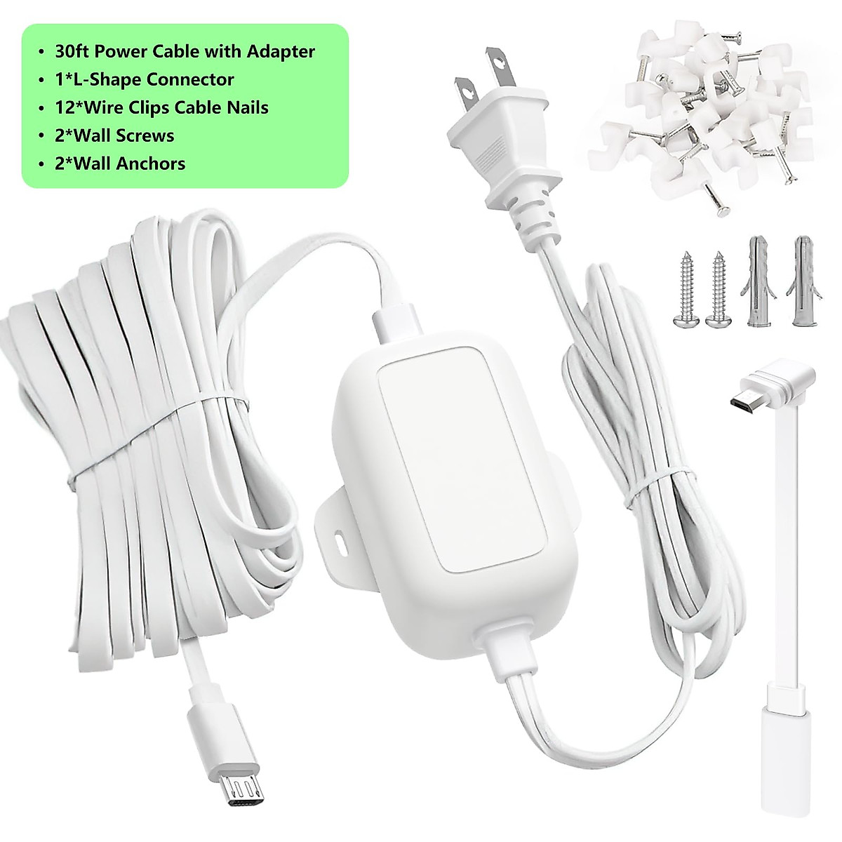 30FT Outdoor Power Adapter for WYZE Cam V4, WYZE Cam OG/V3/V3 Pro, L-Shape Micro USB Extension Cable for WYZE Cam Pan V3, Replace for WYZE Plug, IP67 Waterproof Flat Cable Charge Your WYZE Camera