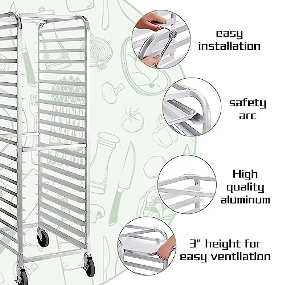 HALLY SINKS & TABLES H Bun Pan Rack 20 Tier with Wheels, Commercial Bakery Racking of Aluminum for Full & Half Sheet - Kitchen, Restaurant, Cafeteria, Pizzeria, Hotel and Home, 26" L x 20" W x 69" H