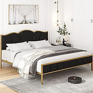 HITHOS King Size Bed Frame, Modern Upholstered PU Bed Frame with Tufted Headboard, Heavy Duty Platform Bed with Wood Slat Support, Noise Free, No Box Spring Needed (Black, King)